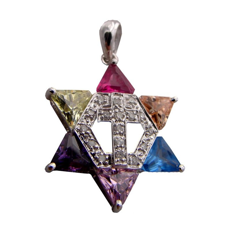 Star Of David W/Cross Pendant Colored Yellow And White 14K Carats Small ...
