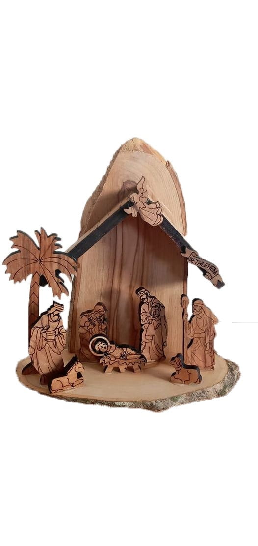 Olive Wood – Nativity Set With Stable - Holy Land Shopping